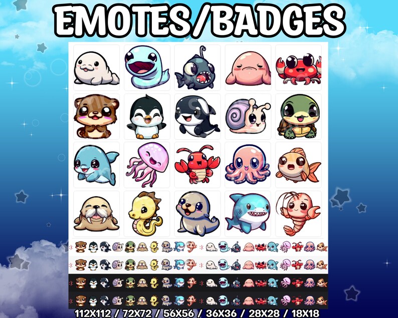 20 Sea Animal Emotes/badges Pack Twitch, Youtube, Discord Chibi ...