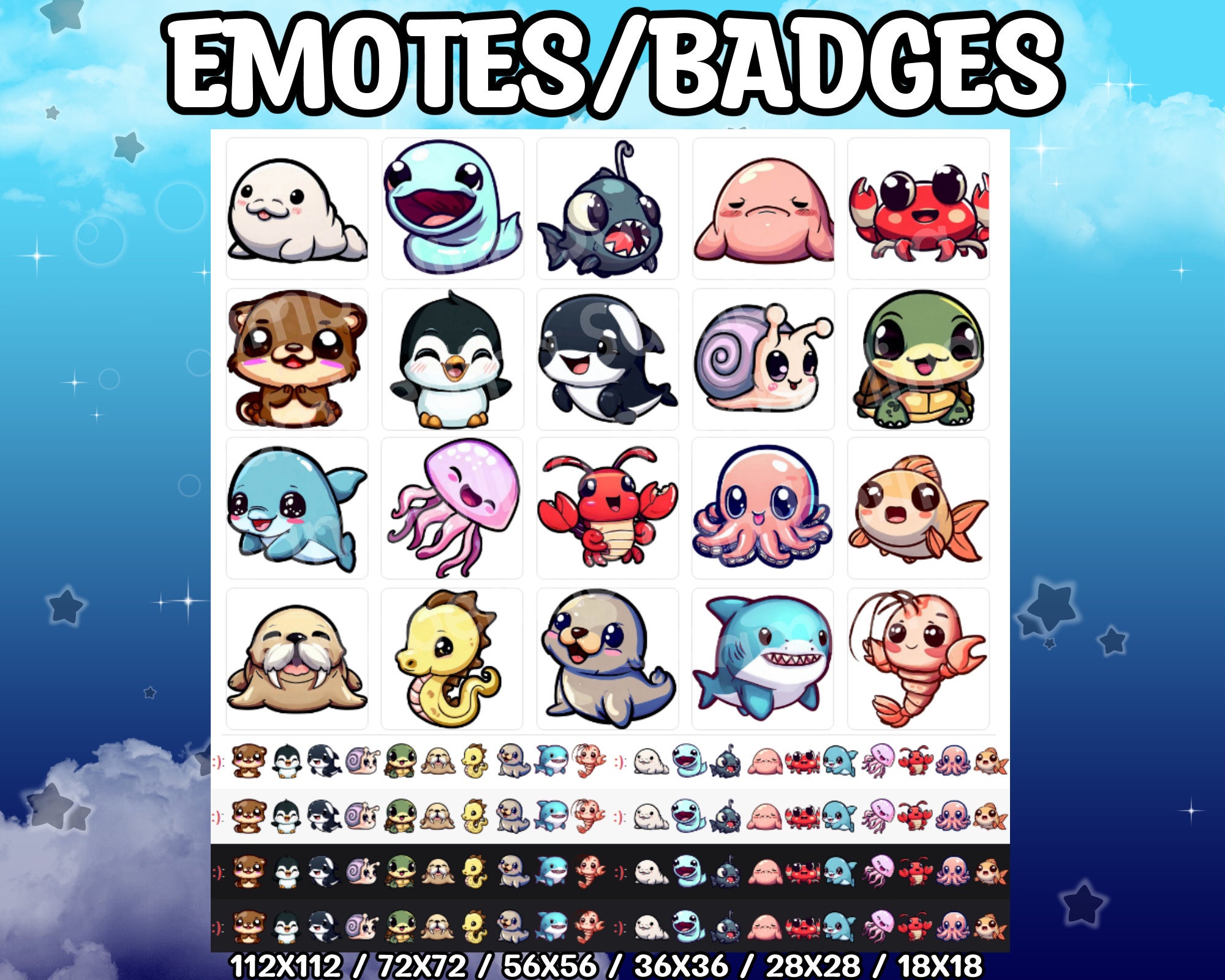 20 Sea Animal Emotes/badges Pack Twitch, Youtube, Discord Chibi ...