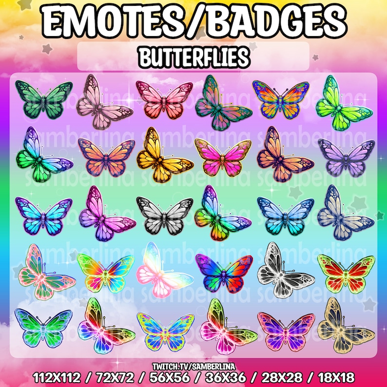 30 Coloured Butterfly Emotes/badges Bundle Pack - Twitch, Youtube ...