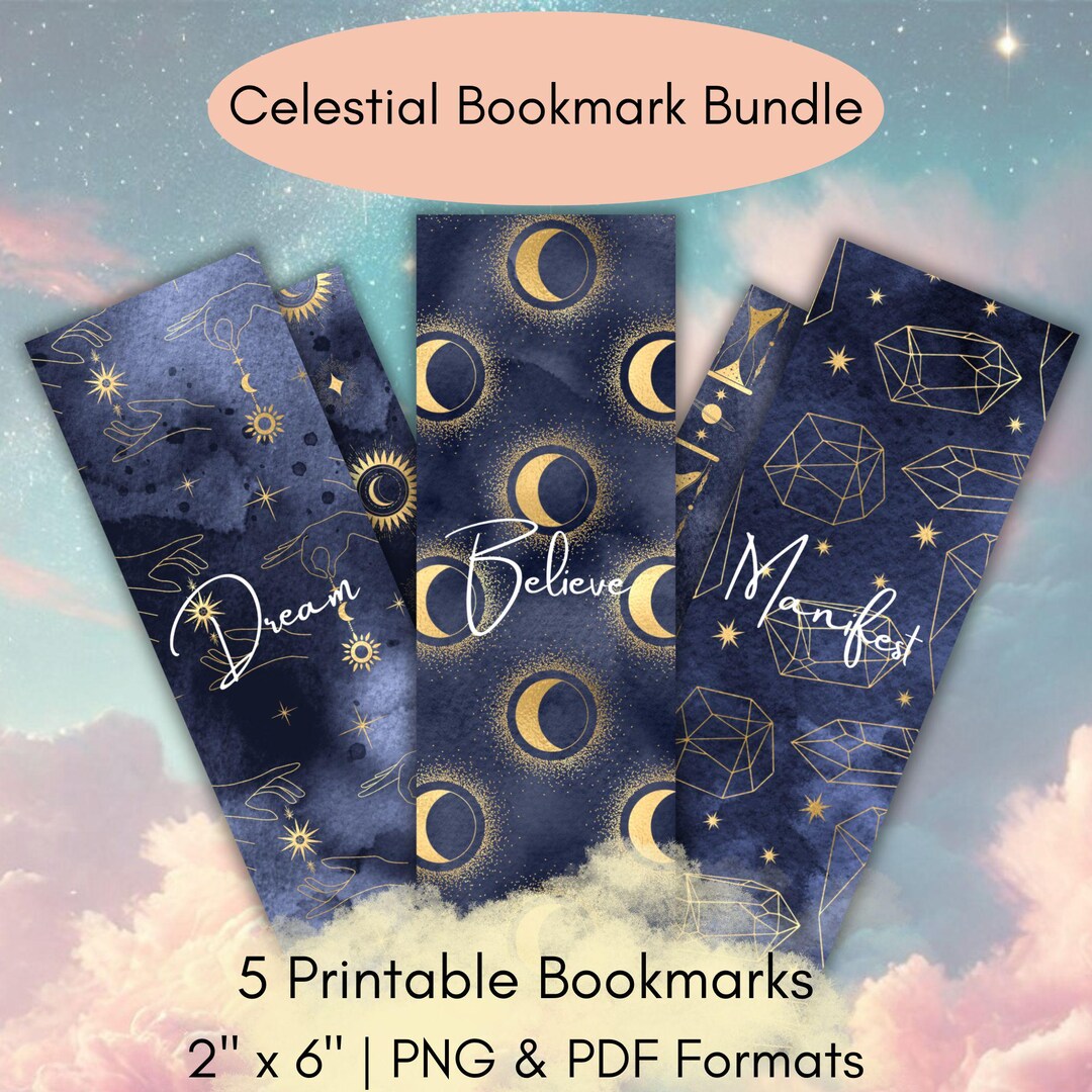 Printable Celestial Bookmark Set, Digital Bookmark Bundle, Fantasy Moon ...