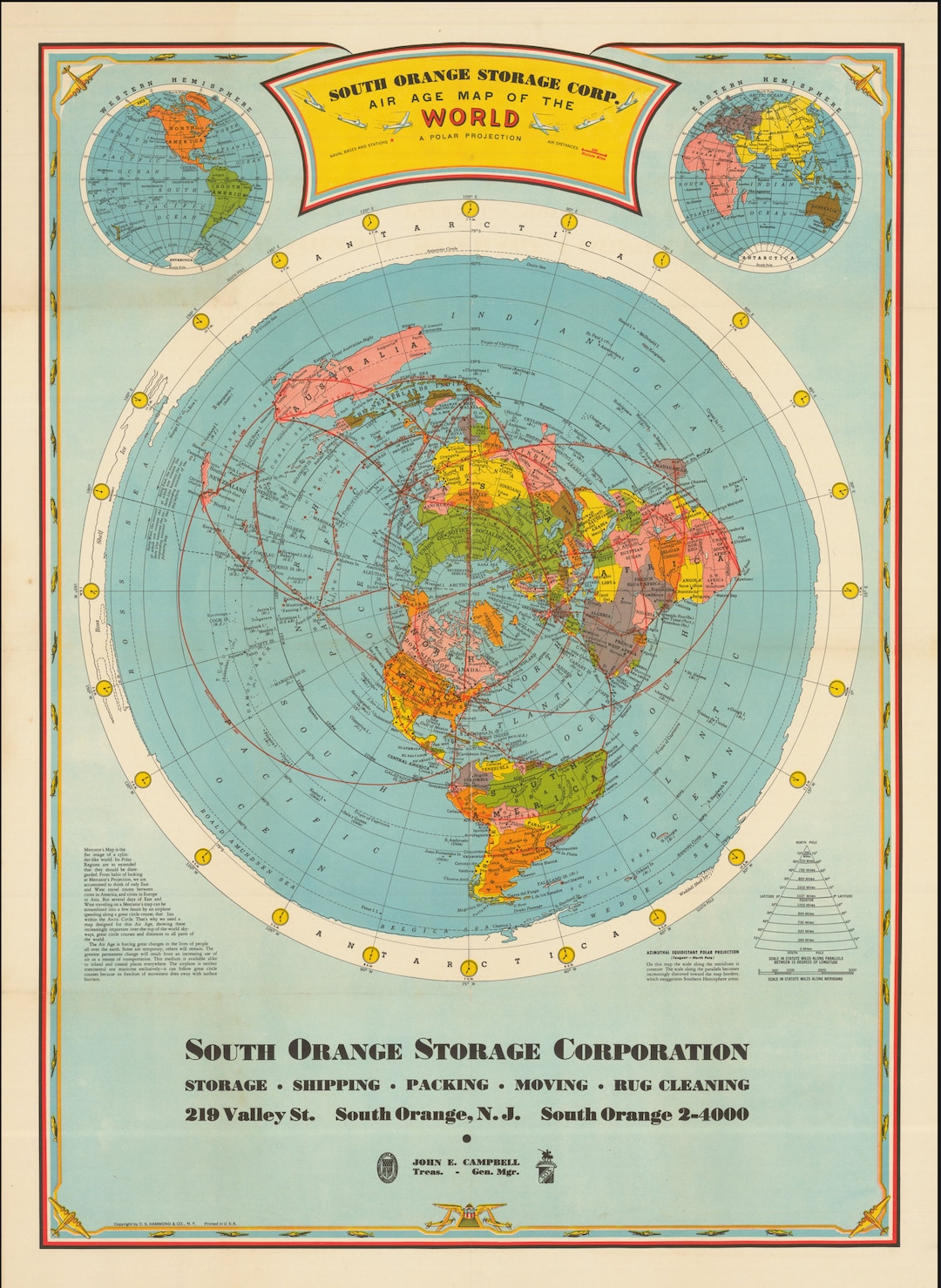 Air Age Map of the World, Map, Flight Paths, Flat Earth, 1938, Digital ...