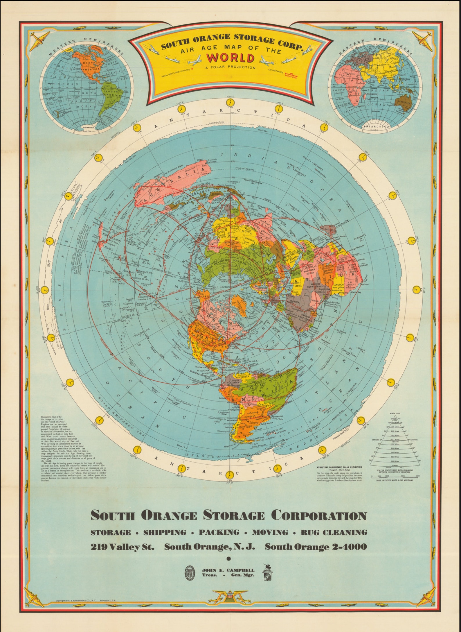Air Age Map of the World, Map, Flight Paths, Flat Earth, 1938, Digital ...
