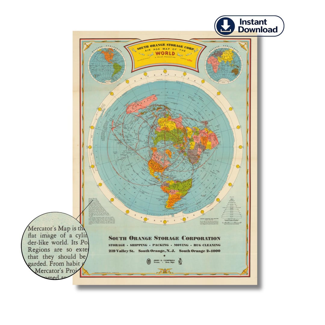 Air Age Map of the World, Map, Flight Paths, Flat Earth, 1938, Digital ...