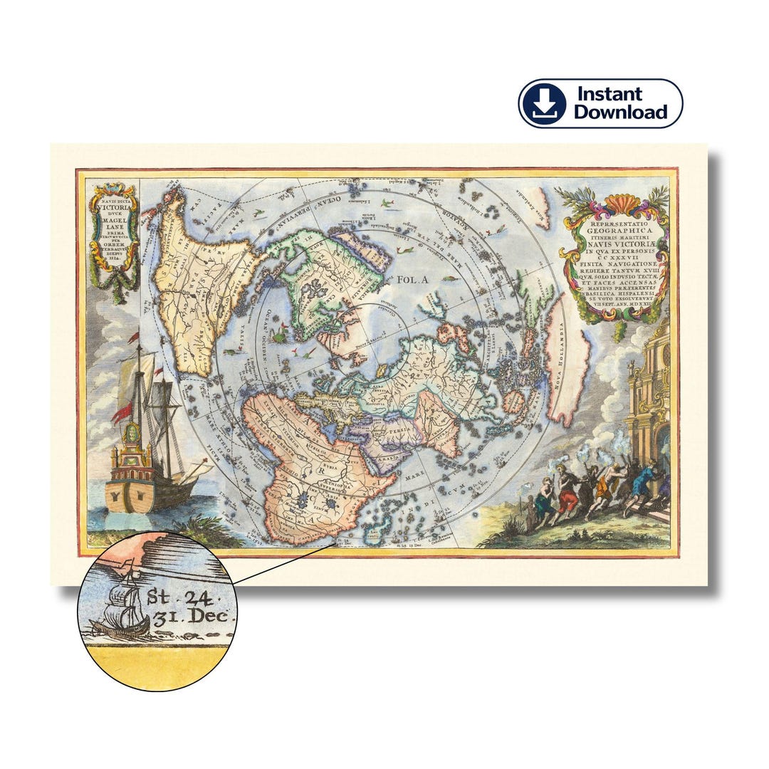 Magellan's Circumnavigation in 1522, Digital Download, Flat Earth Map ...