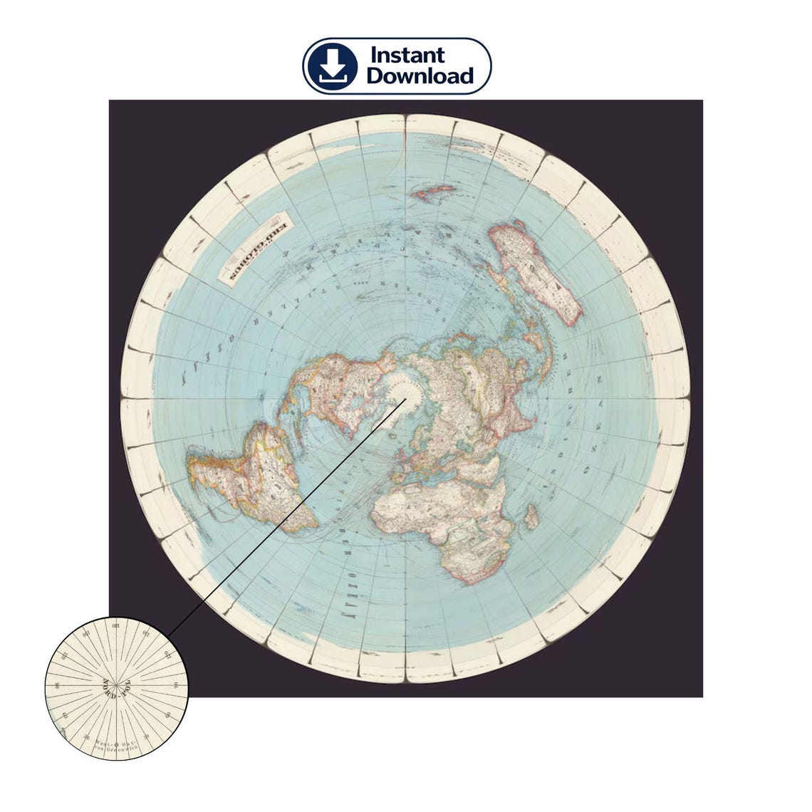 Henze's Erd-globus Flat Earth Map, Digital Download, Azimuthal Map ...
