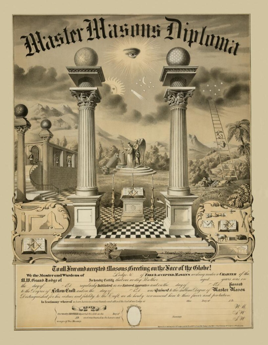 Master Mason's Diploma – Rare Masonic Certificate With Esoteric ...