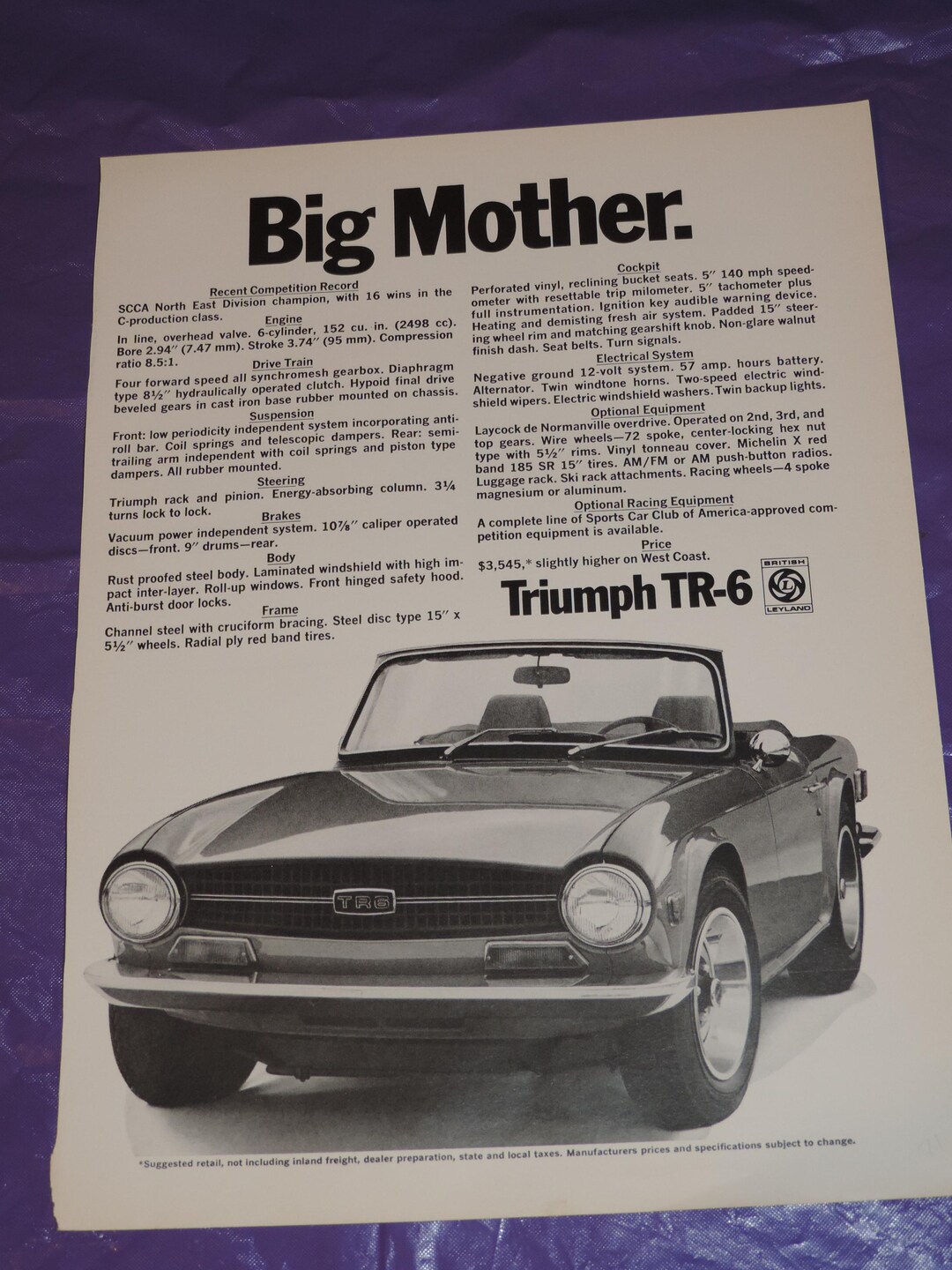 1971 Triumph TR-6 Full Page Black & White Print Ad - Etsy