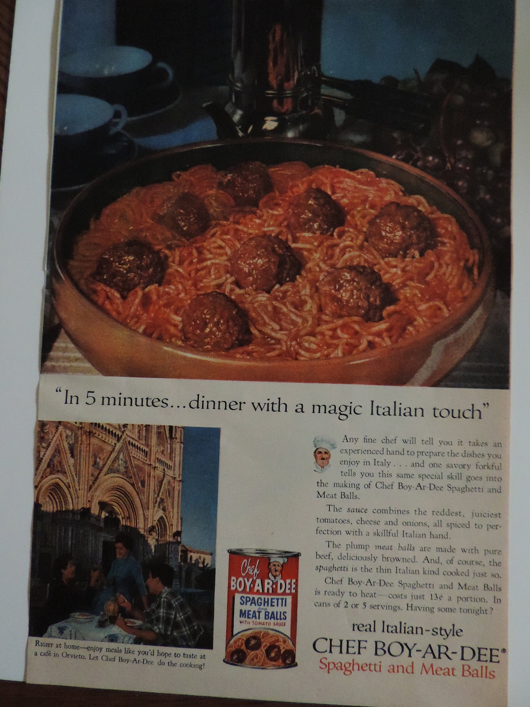 1957 Chef Boy-ar-dee Canned Spaghetti and Meat Balls Full Page Color ...
