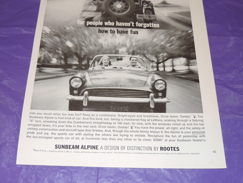 1963 Sunbeam Alpine Roadster Full Page Black & White Print Ad - Etsy