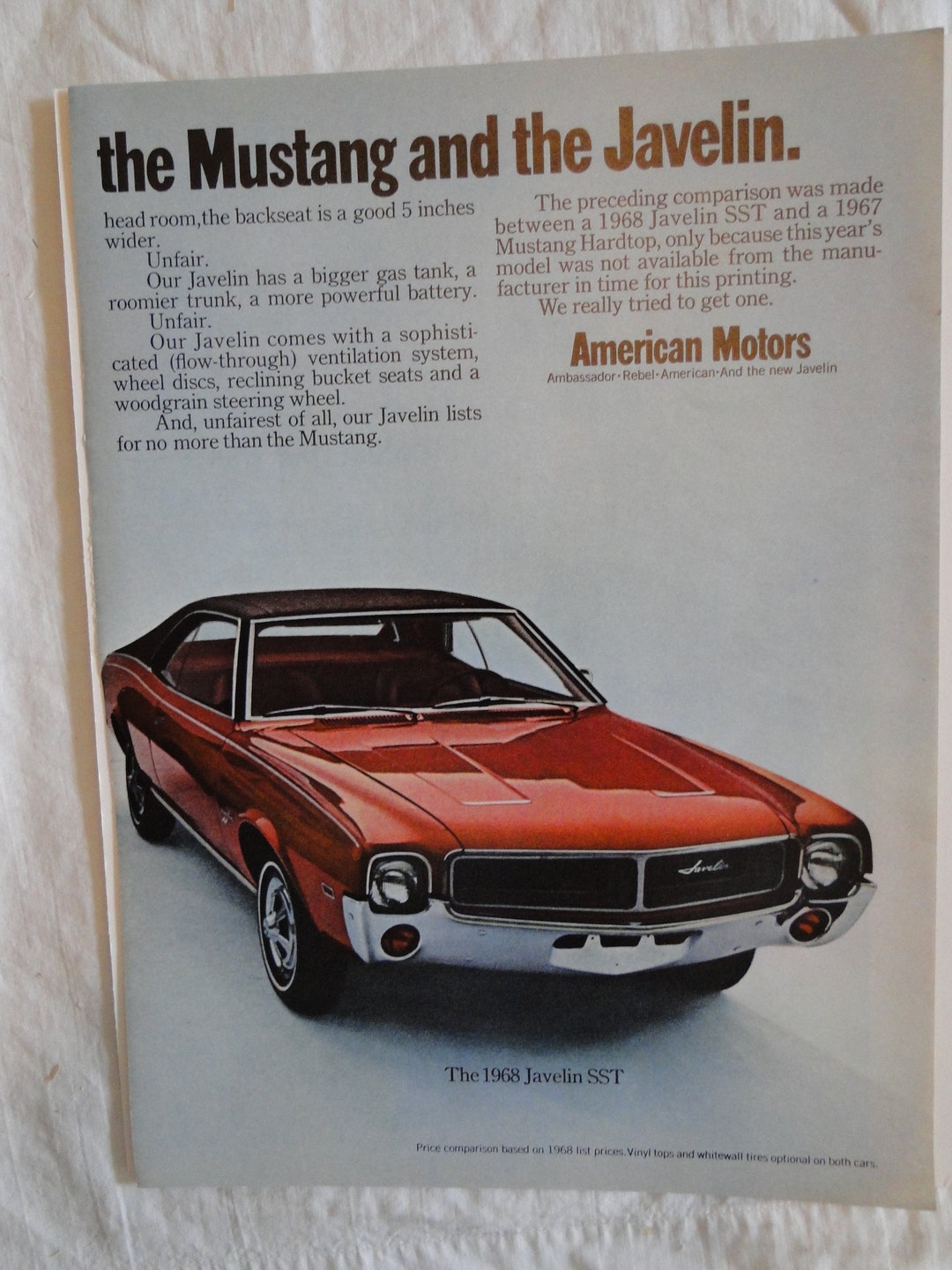 1968 AMC Javelin SST Full Page Color Print Ad - Etsy