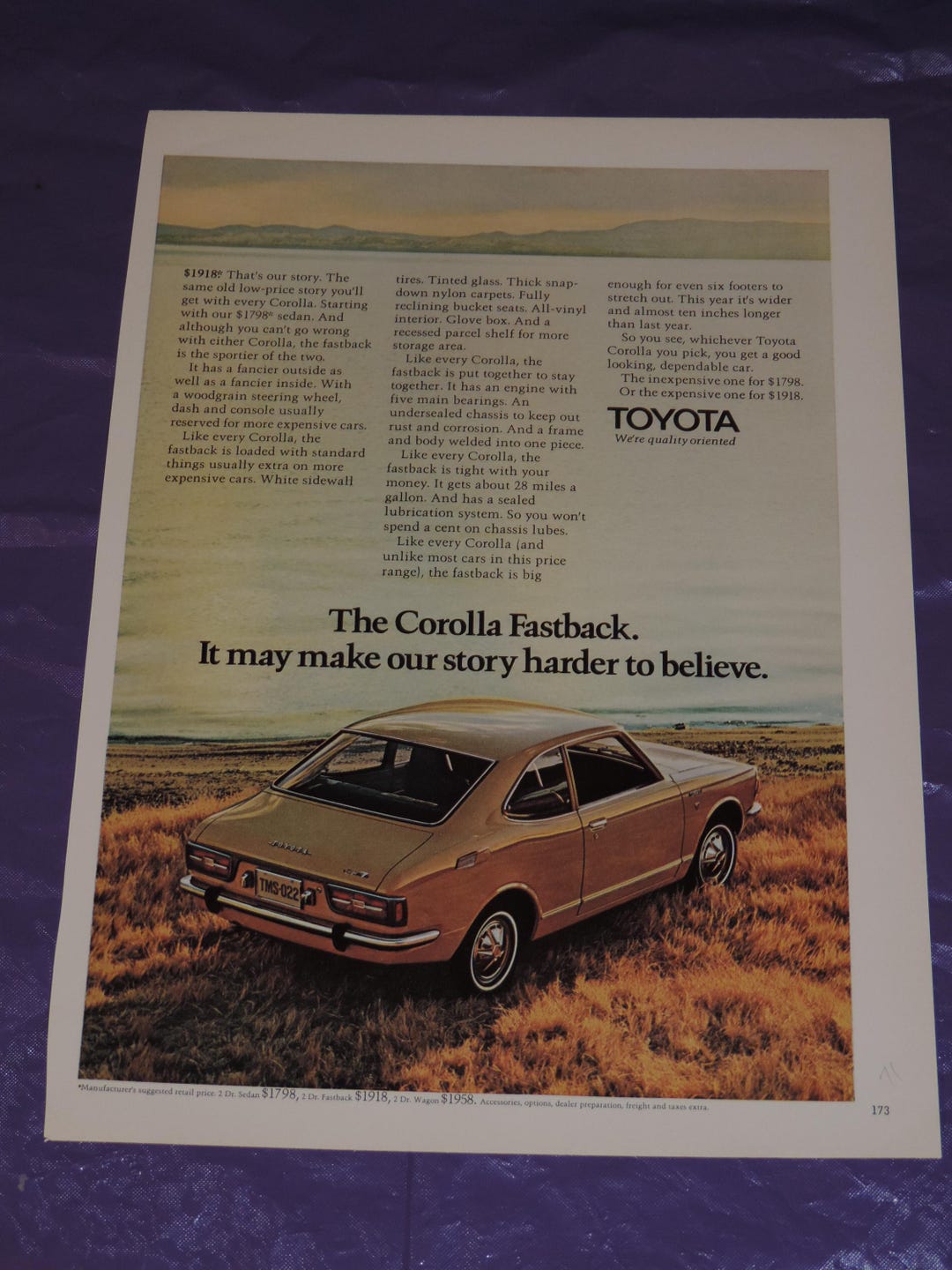 1971 Toyota Corolla Fastback Full Page Color Print Ad - Etsy