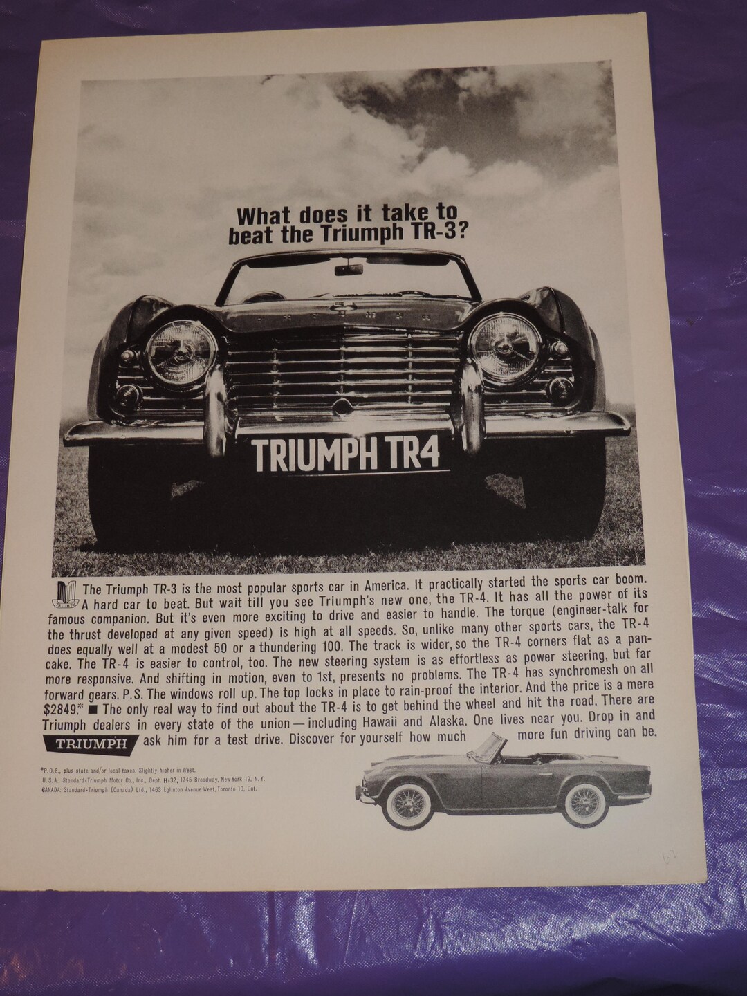 1962 Triumph TR-4 Full Page Black & White Print Ad - Etsy