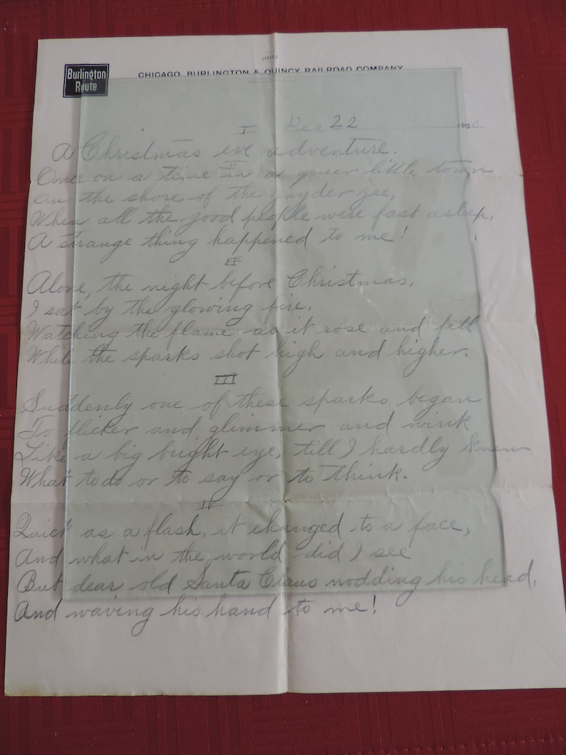 1900 Original Christmas Poem by Unknown Author Hand Written on Chicago, Burlington & Quincy ...
