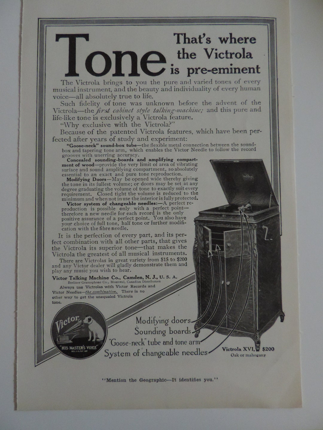 1915 Victor Talking Machine - Victrola / Old Hampshire Bond Full Page ...