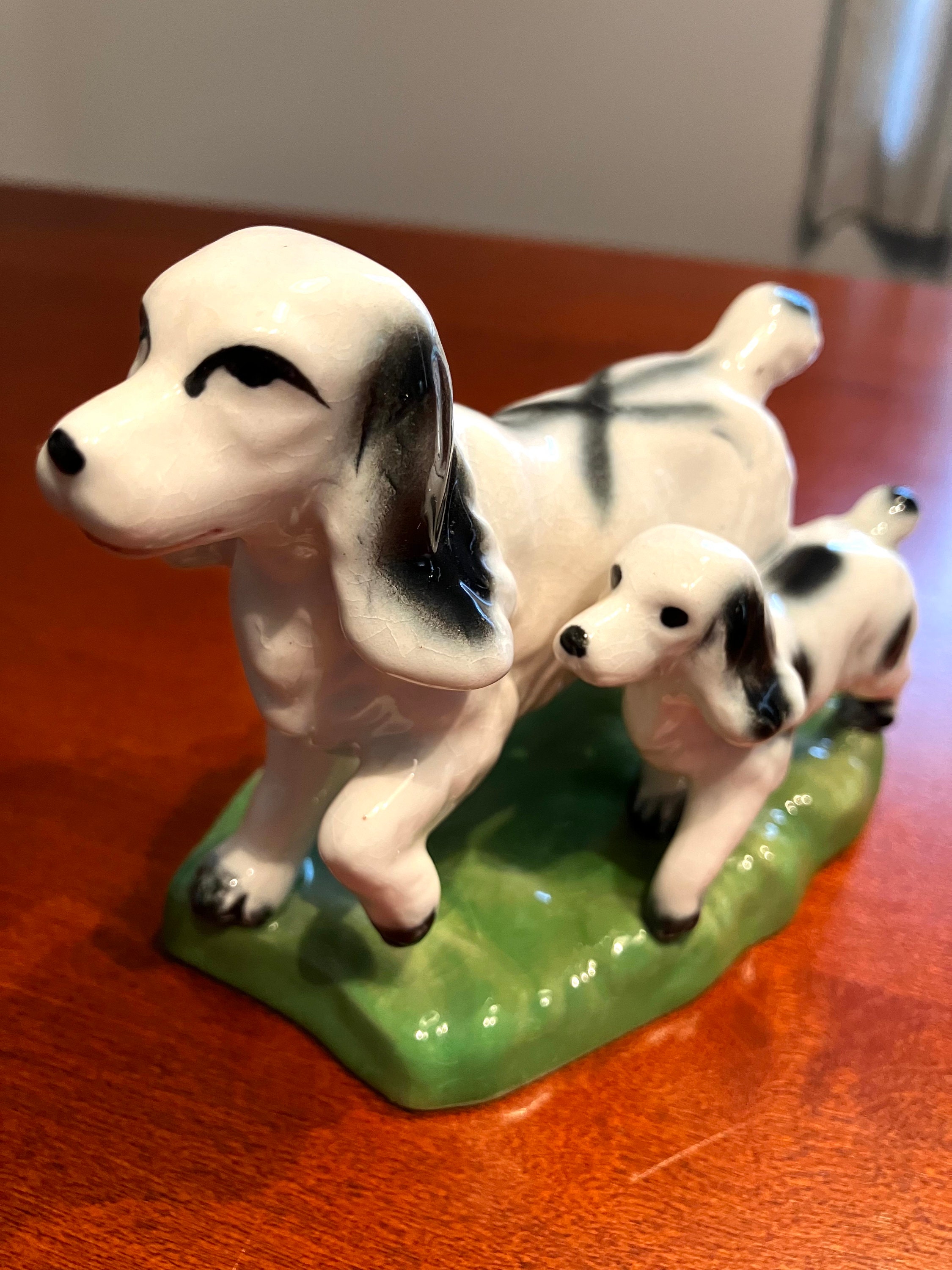 Vintage 1940s Porcelain Springer Spaniel Mom and Pup on Green Base - Etsy