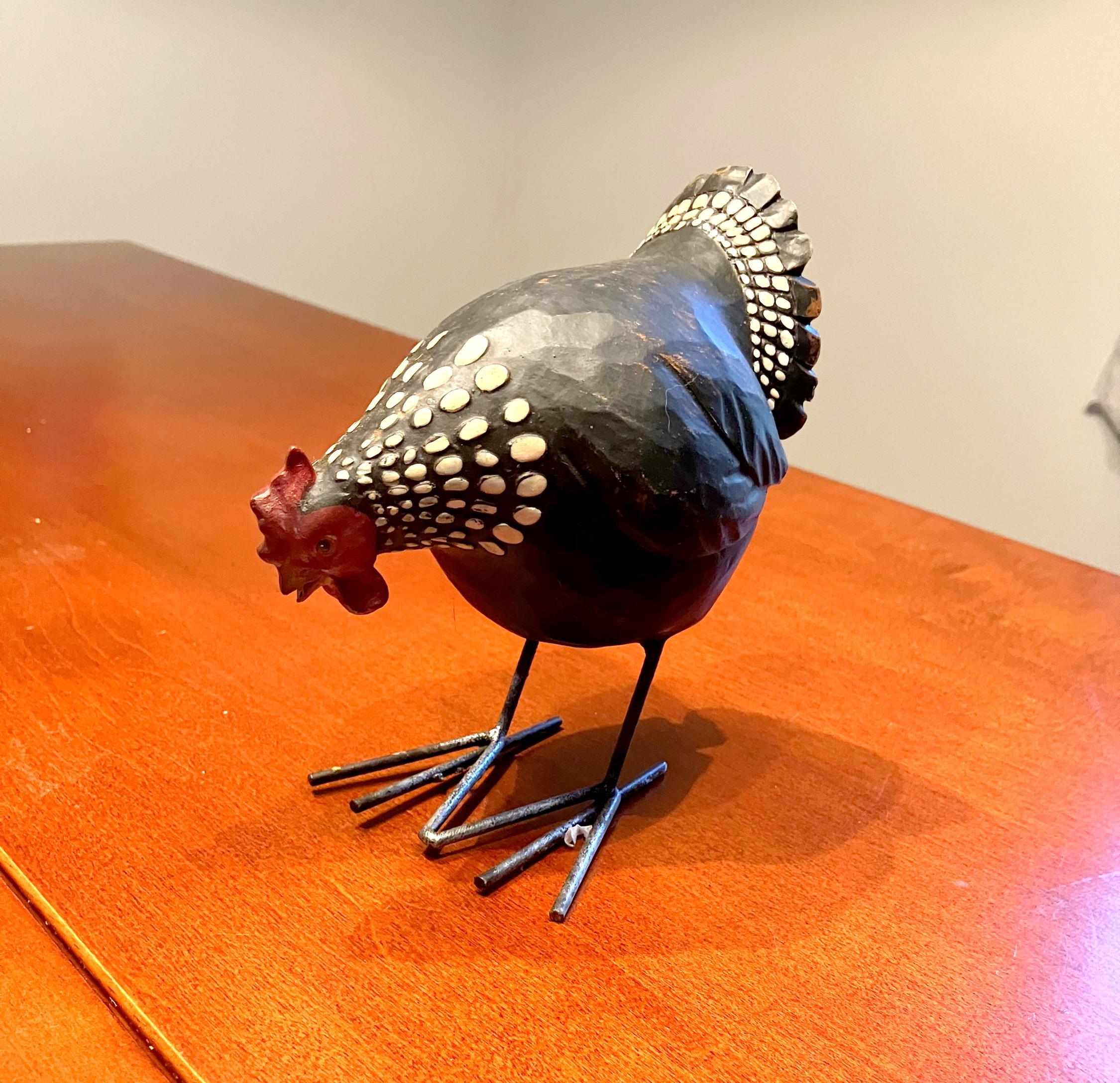 Decorative Folk Art Black Rooster With Metal Legs Rooster Chicken ...