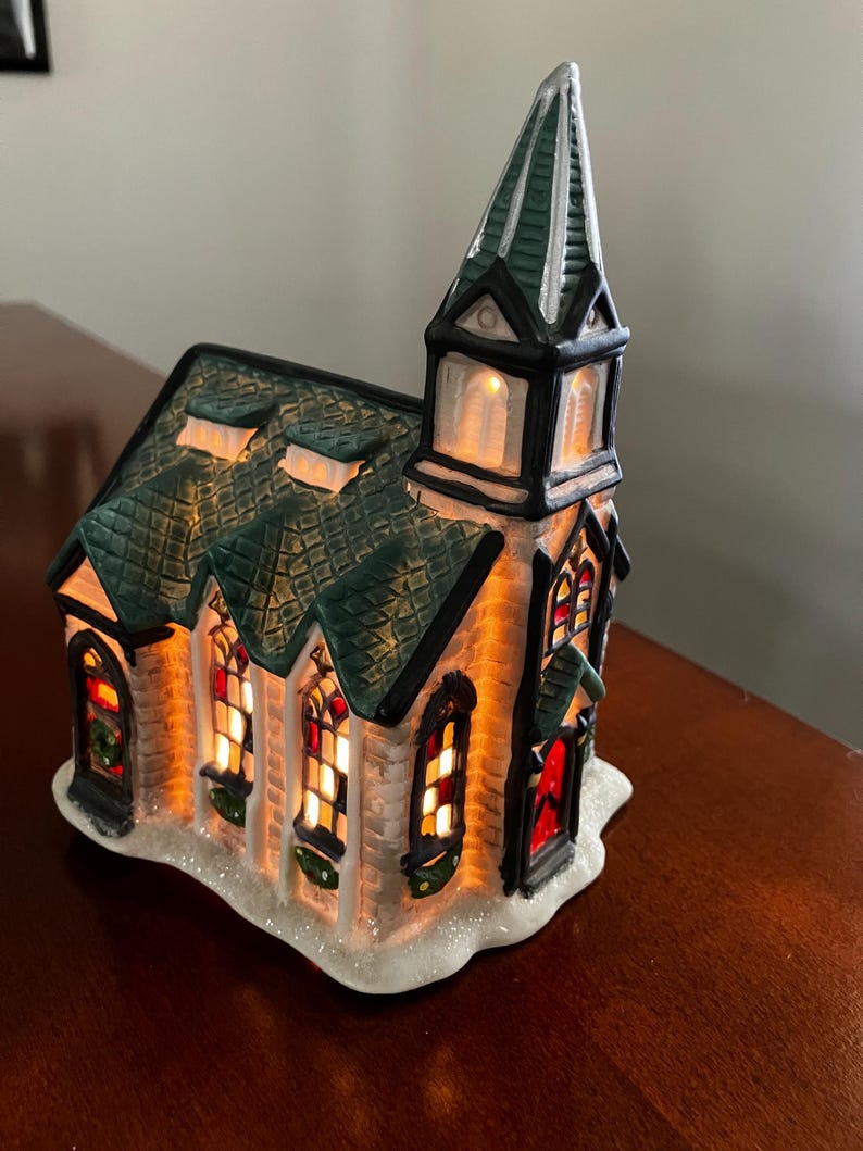 Ceramic Steepled Church: Lighted Christmas Village Display - Etsy