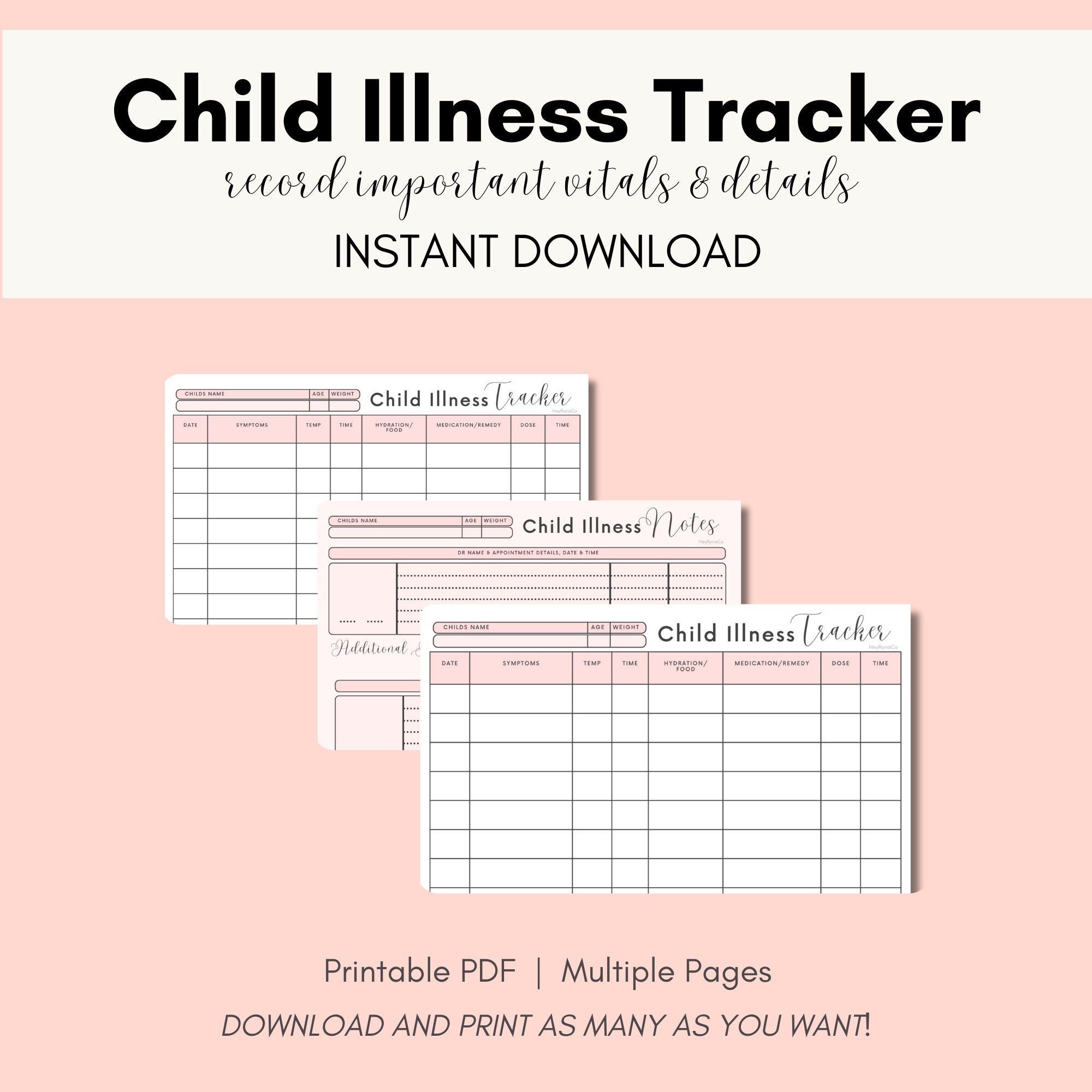 Child Illness Tracker Printable Downloadable File, Kids Health Report ...