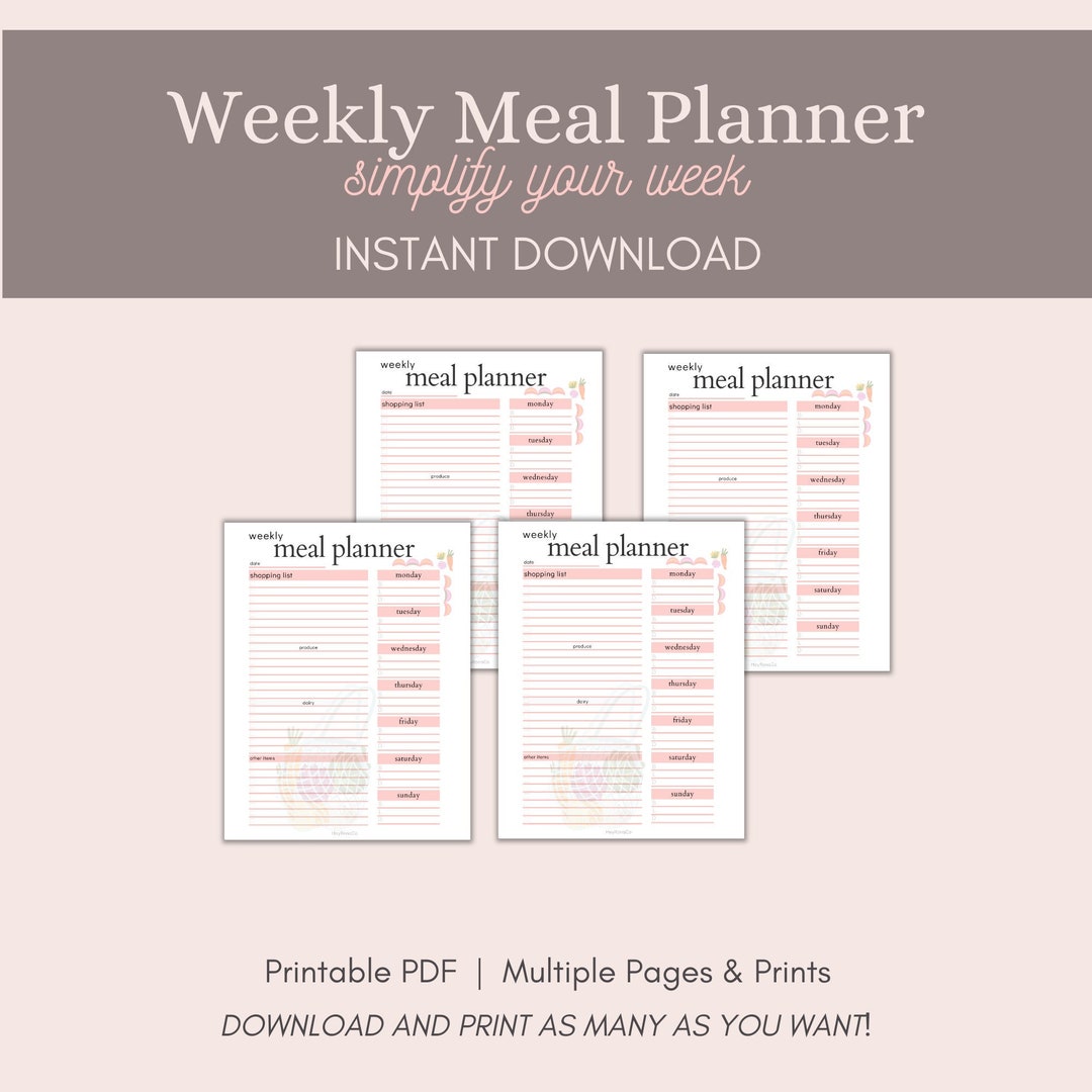 Weekly Mean Planner, Simple Meal Planning, Downloadable Pdf, One Week ...