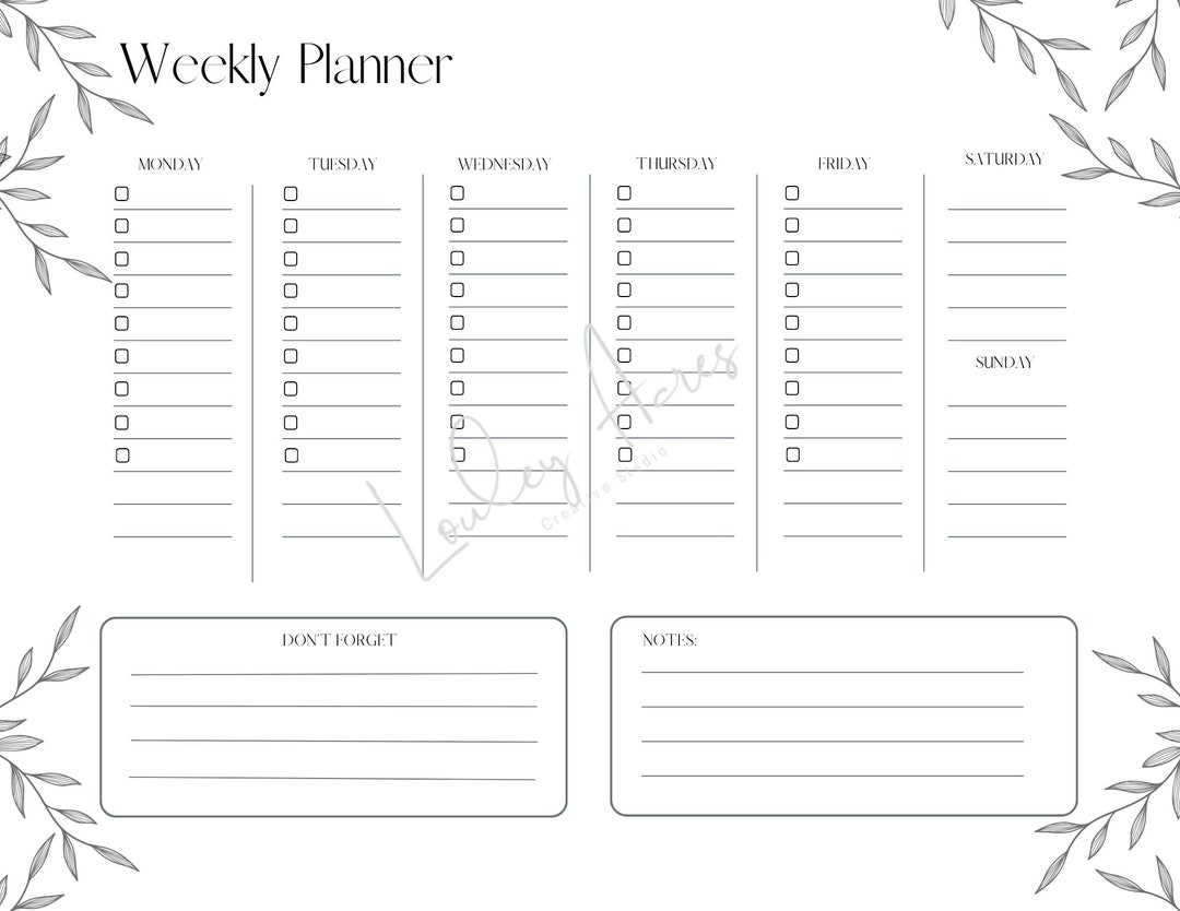 Weekly Planner to Do List, Black and White, Printable, PDF Download - Etsy