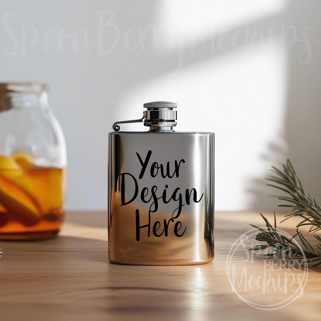 Steel Flask Mockup, Design Display Sell Photo, Blank Silver Flask Mock ...