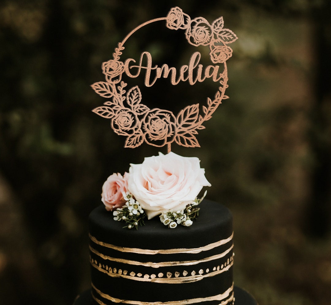 Flowers Roses Cake Topper Wooden Personized Name Topper - Etsy