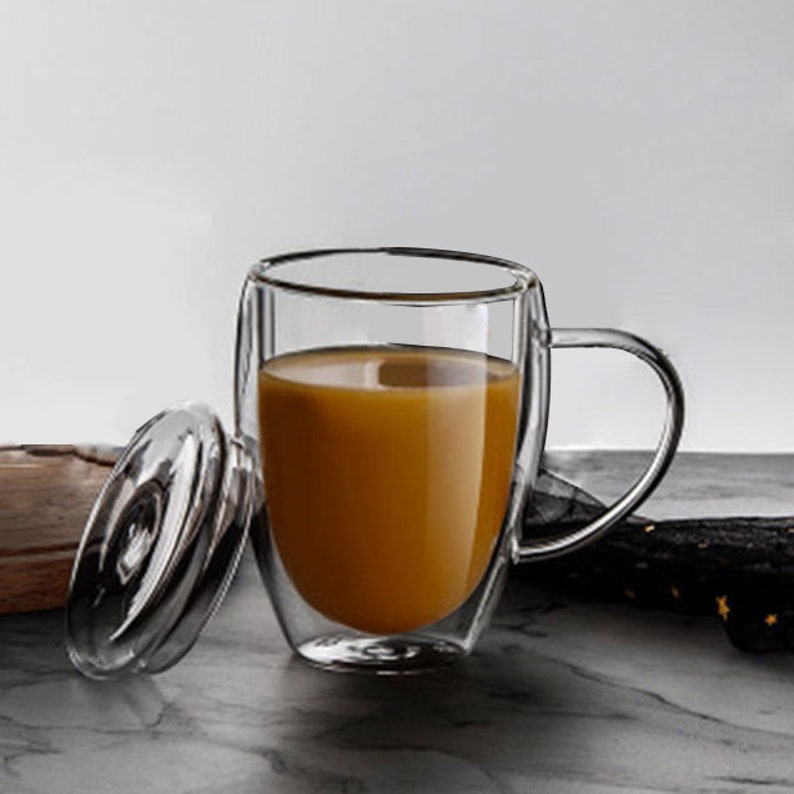 Double Wall Glass Mug With Lid and Handle - Etsy
