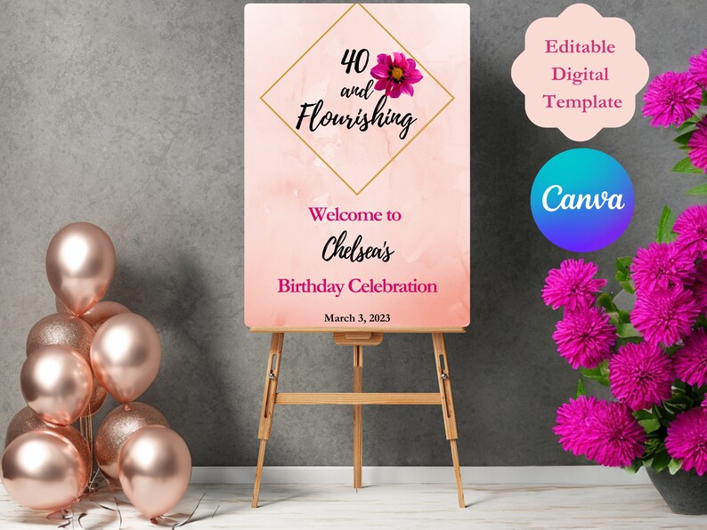 Pink 40th Birthday Welcome Sign, 40 and Flourishing, 20 X 30, Digital ...
