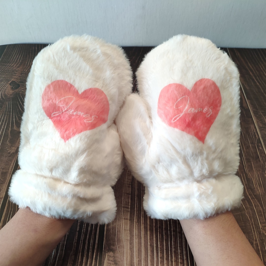 Custom White Fluffy Gloves, Personalize Name Plush Mitten, Winter Gift ...