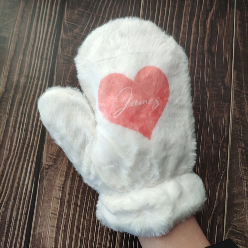 Custom White Fluffy Gloves, Personalize Name Plush Mitten, Winter Gift ...