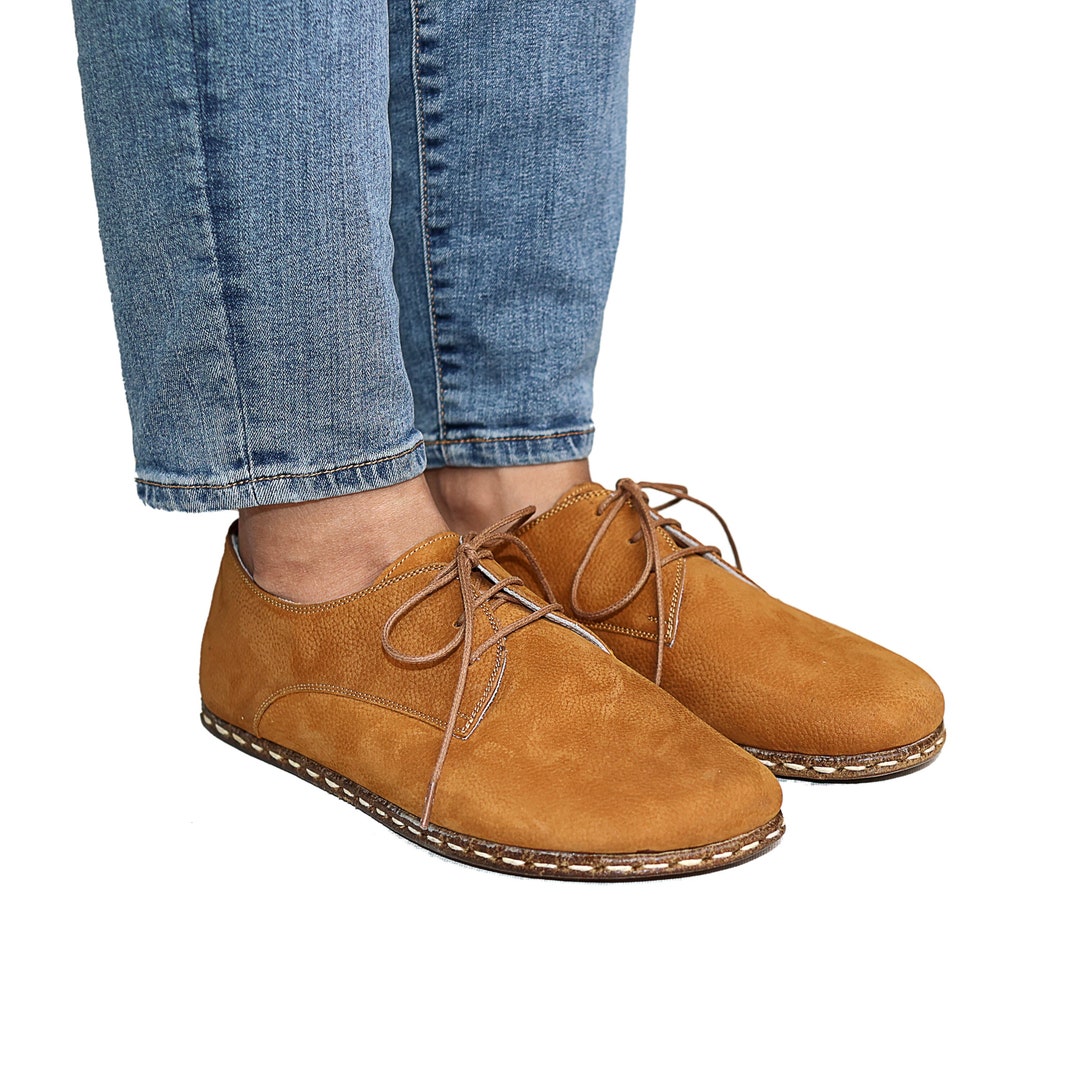 Women Zero Drop Oxford Barefoot TAN NUBUCK, Handmade Stıtches Shoes ...