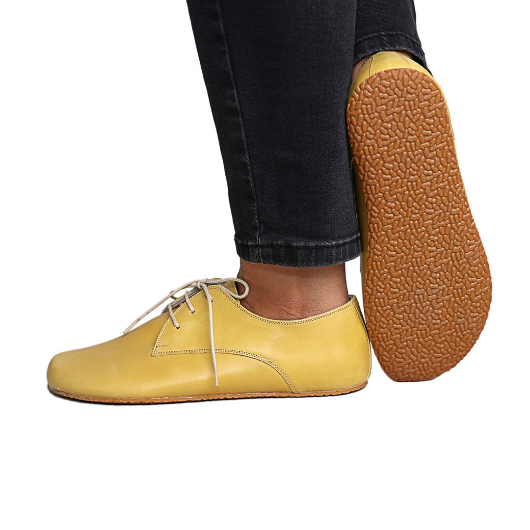WOMEN Zero Drop Oxford YELLOW SMOOTH Leather, Barefoot Handmade Shoes ...