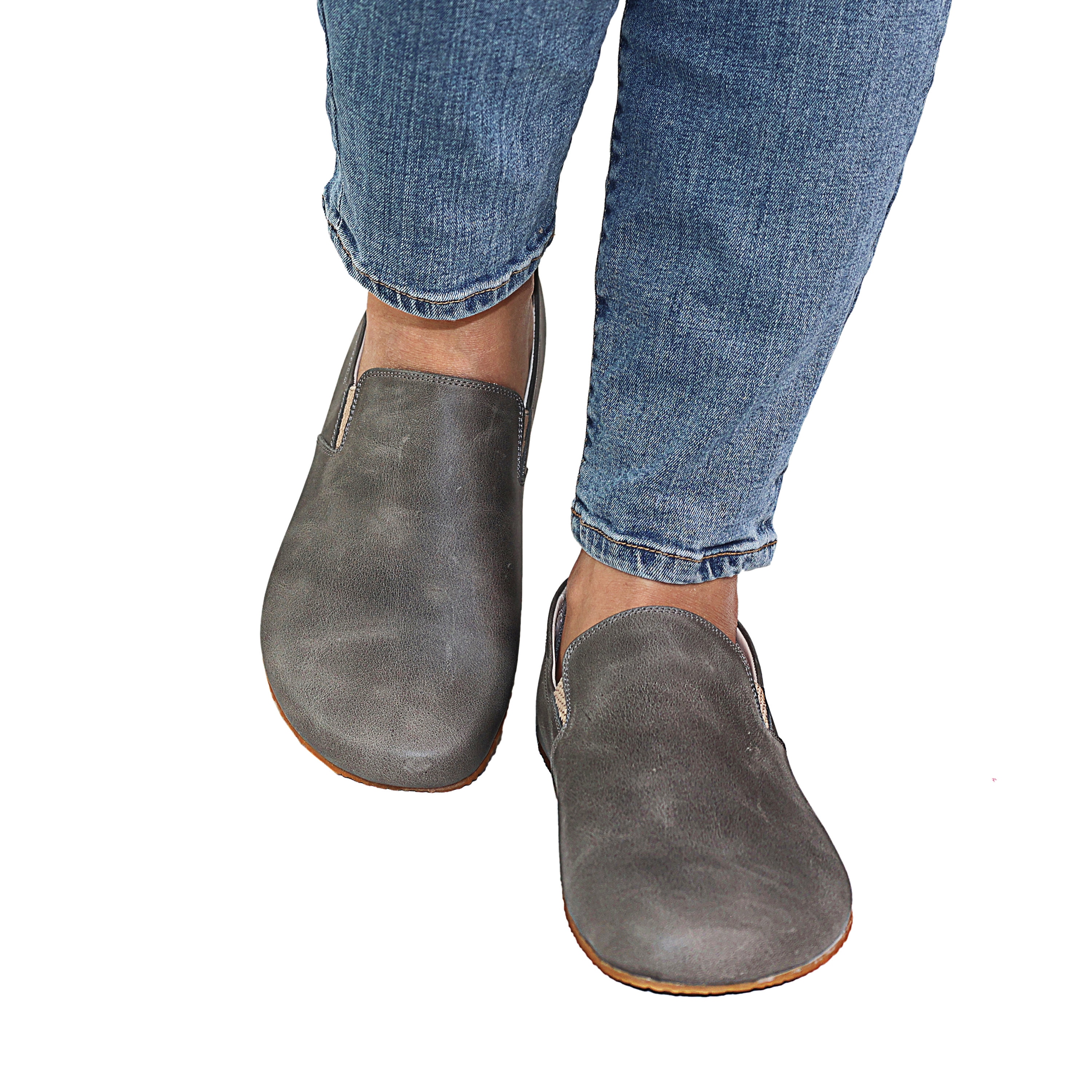 Men Barefoot GRAY SLIP-ON Crazy Leather Shoes, 5mm Leather Outsole ...