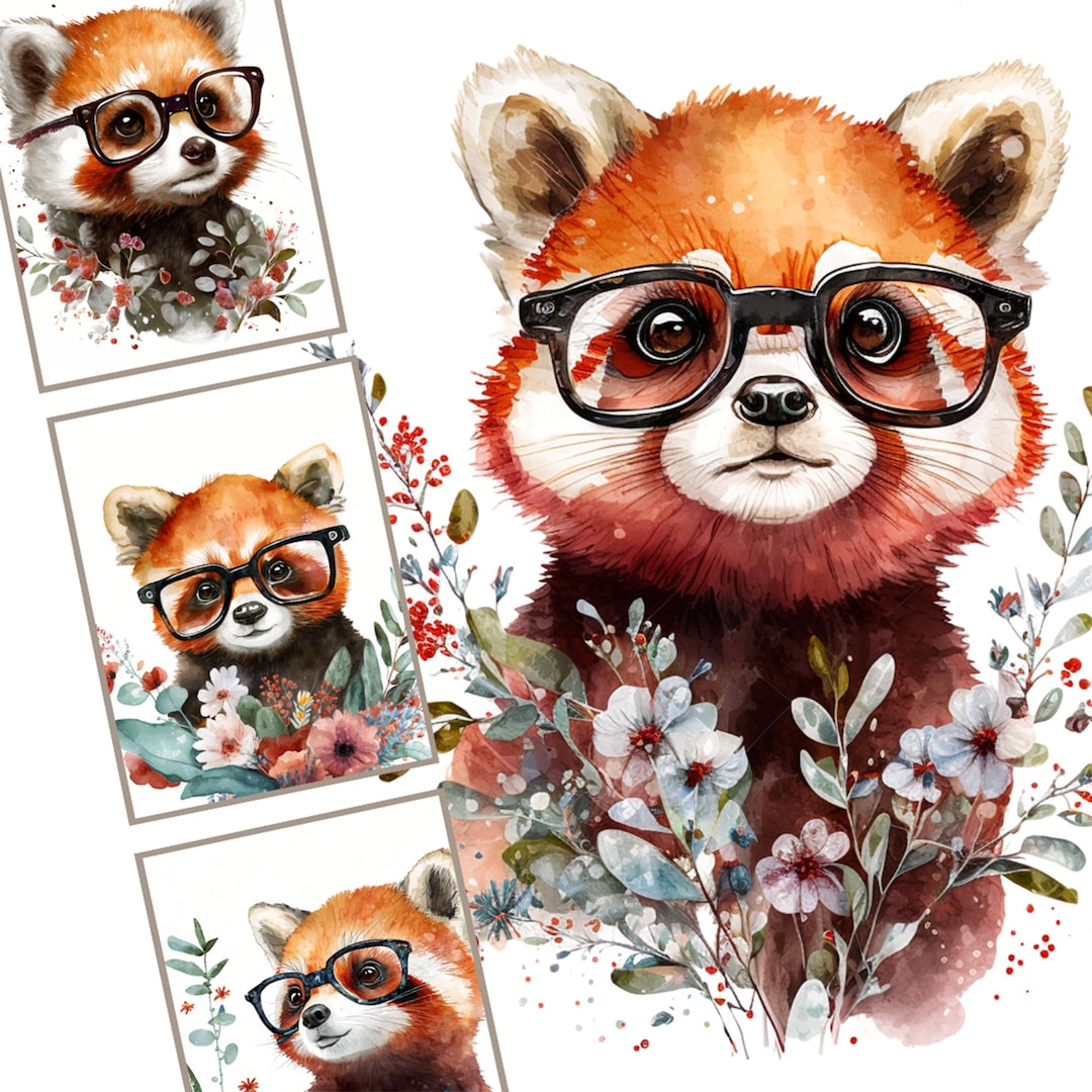 Cute Red Pandas Wearing Glasses Clip Art PNG Watercolor - Etsy