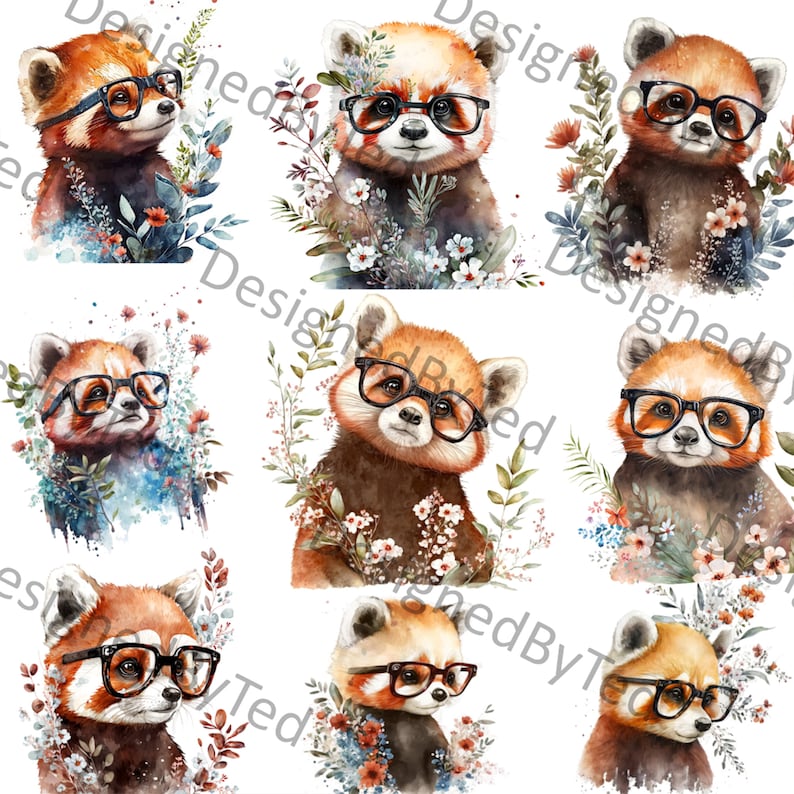Cute Red Pandas Wearing Glasses Clip Art PNG, Watercolor Clipart ...