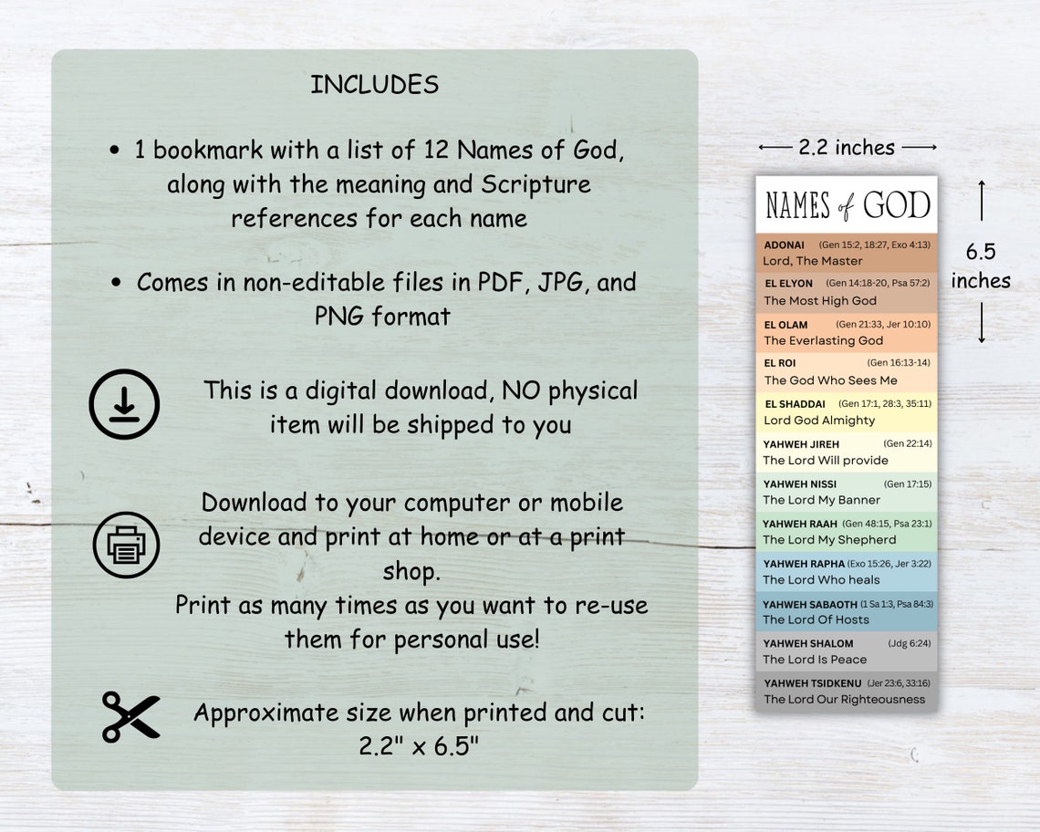 Names of God Bookmark, Printable Bible Bookmark, Names of God Printable ...