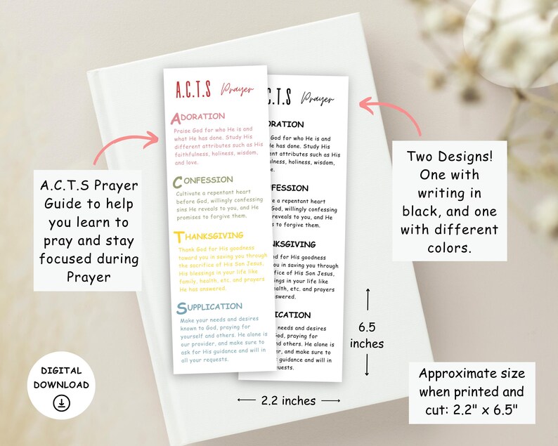 Acts Prayer Bookmark, Prayer Guide Using ACTS Method, Prayer Bookmark ...