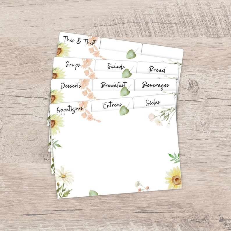 Floral Recipe Box Divider Labels 4 X 6, Recipe Card Divider Tabs Floral ...