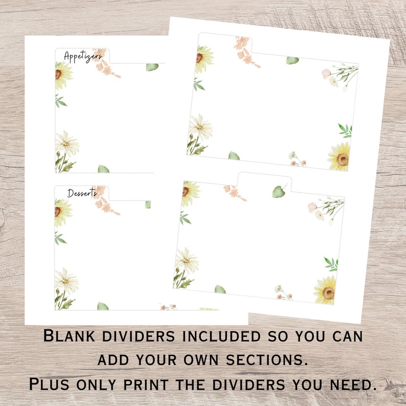 Floral Recipe Box Divider Labels 4 X 6, Recipe Card Divider Tabs Floral ...