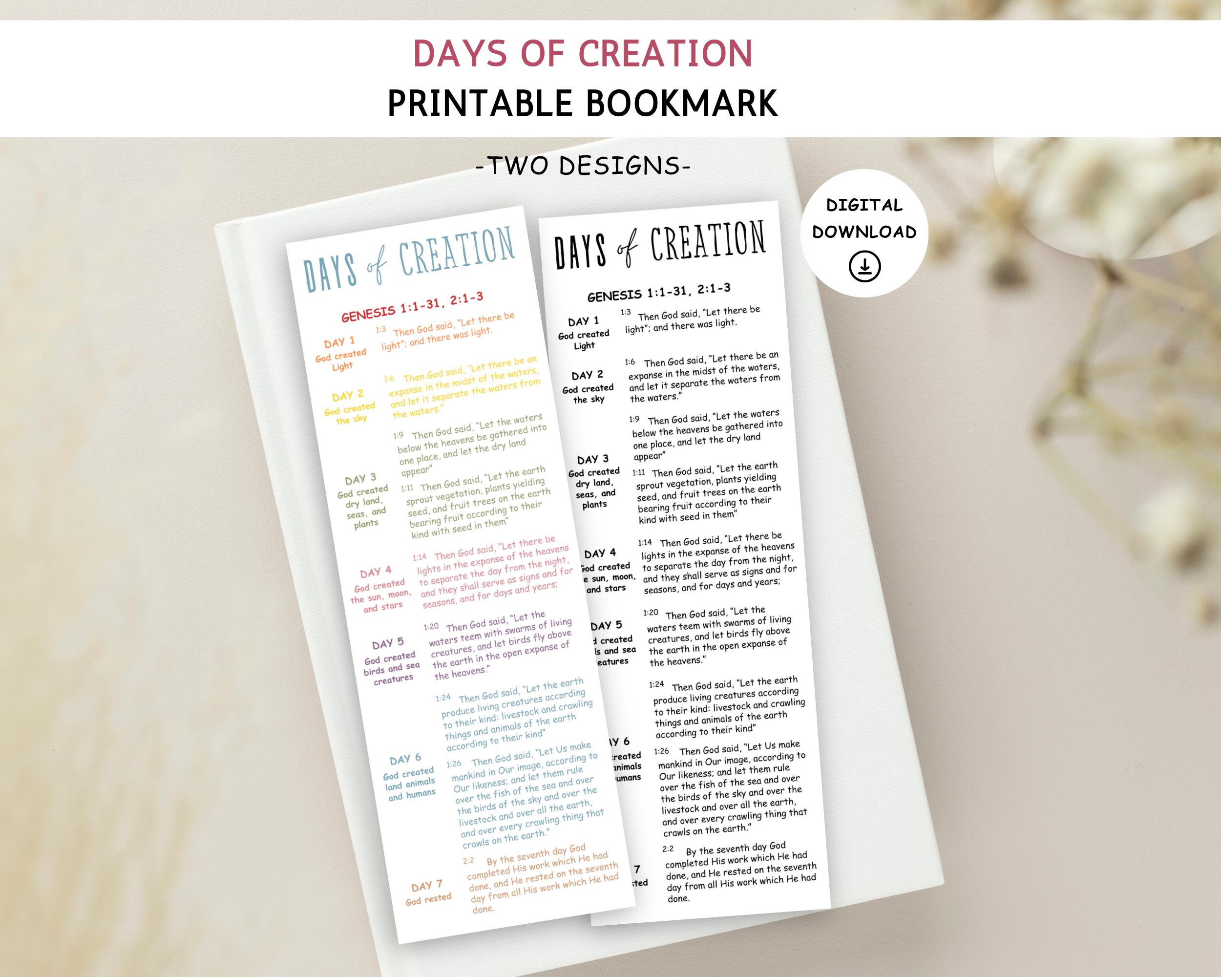 Days of Creation Printable Bookmark, Creation Genesis 1, 7 Days of ...