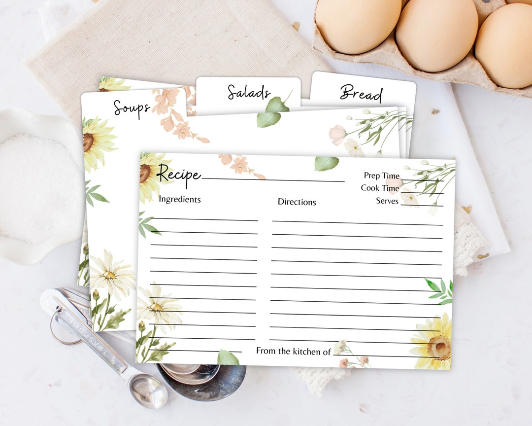 Floral Recipe Card 4x6, Recipe Box Dividers, Recipe Card and Dividers ...