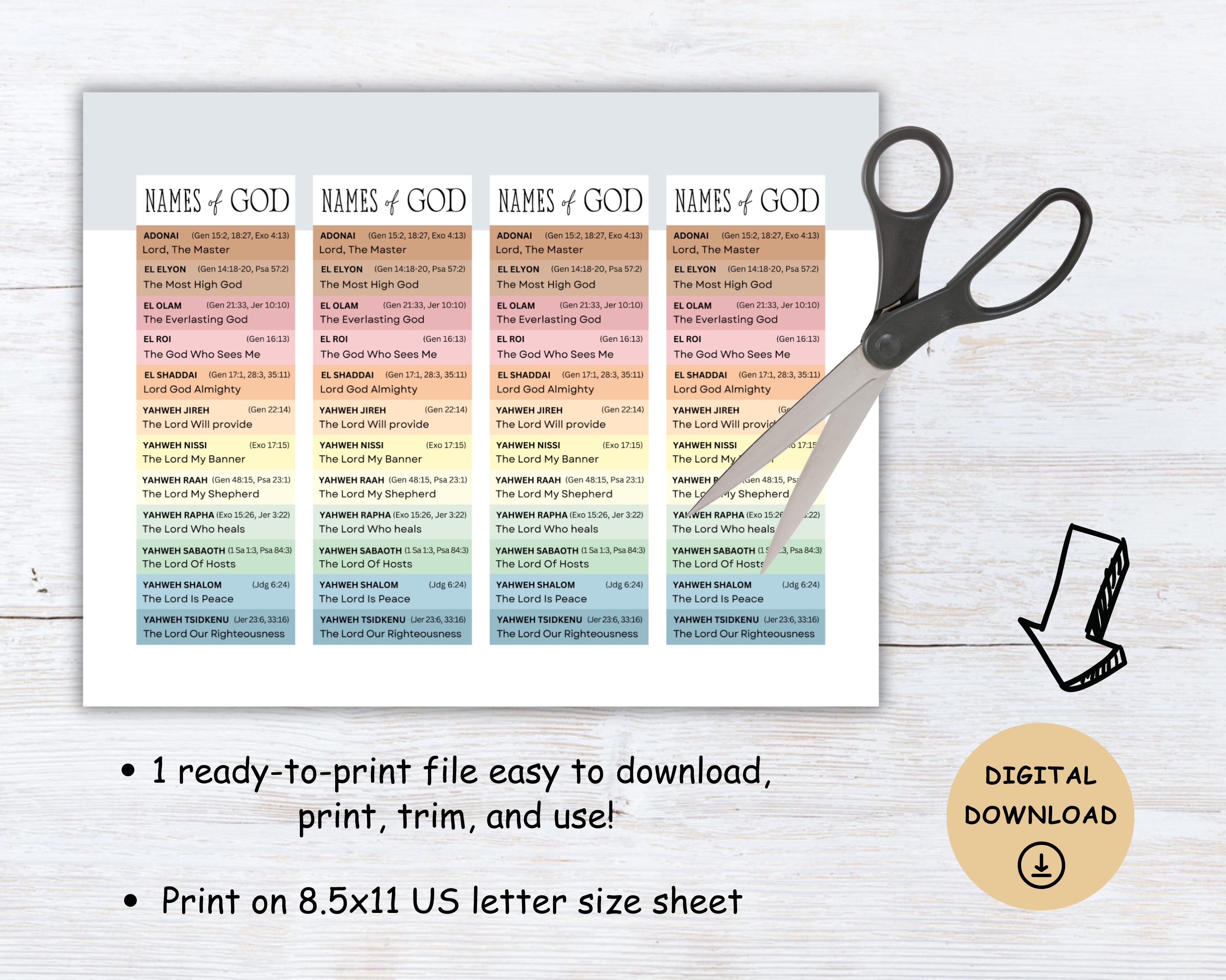Names of God Bookmark, Attributes of God, Printable Bible Bookmark ...