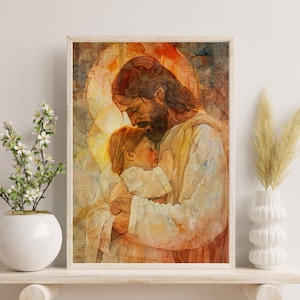 Jesus Embracing Child, Heartwarming Art, Gold and Pastel Illustration ...