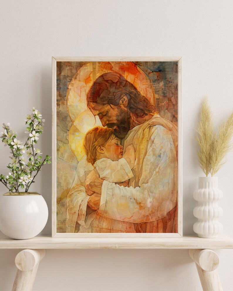 Jesus Embracing Child, Heartwarming Art, Gold and Pastel Illustration ...