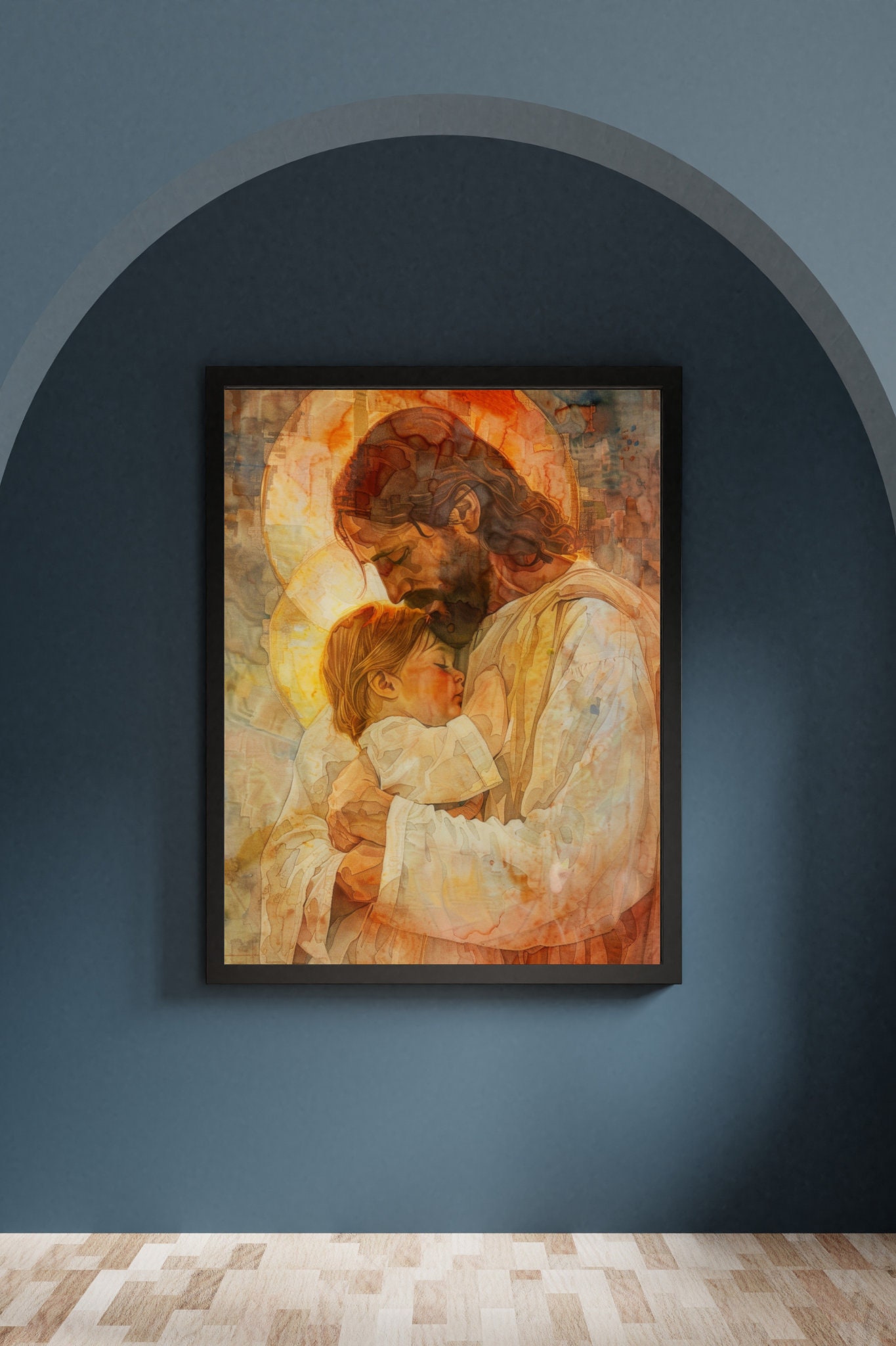 Jesus Embracing Child, Heartwarming Art, Gold and Pastel Illustration ...