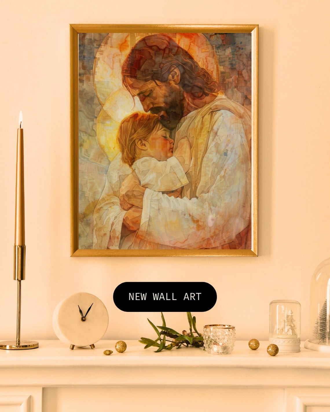 Jesus Embracing Child, Heartwarming Art, Gold and Pastel Illustration ...