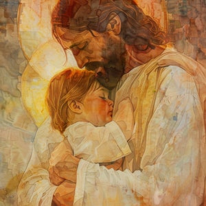 Jesus Embracing Child, Heartwarming Art, Gold and Pastel Illustration ...