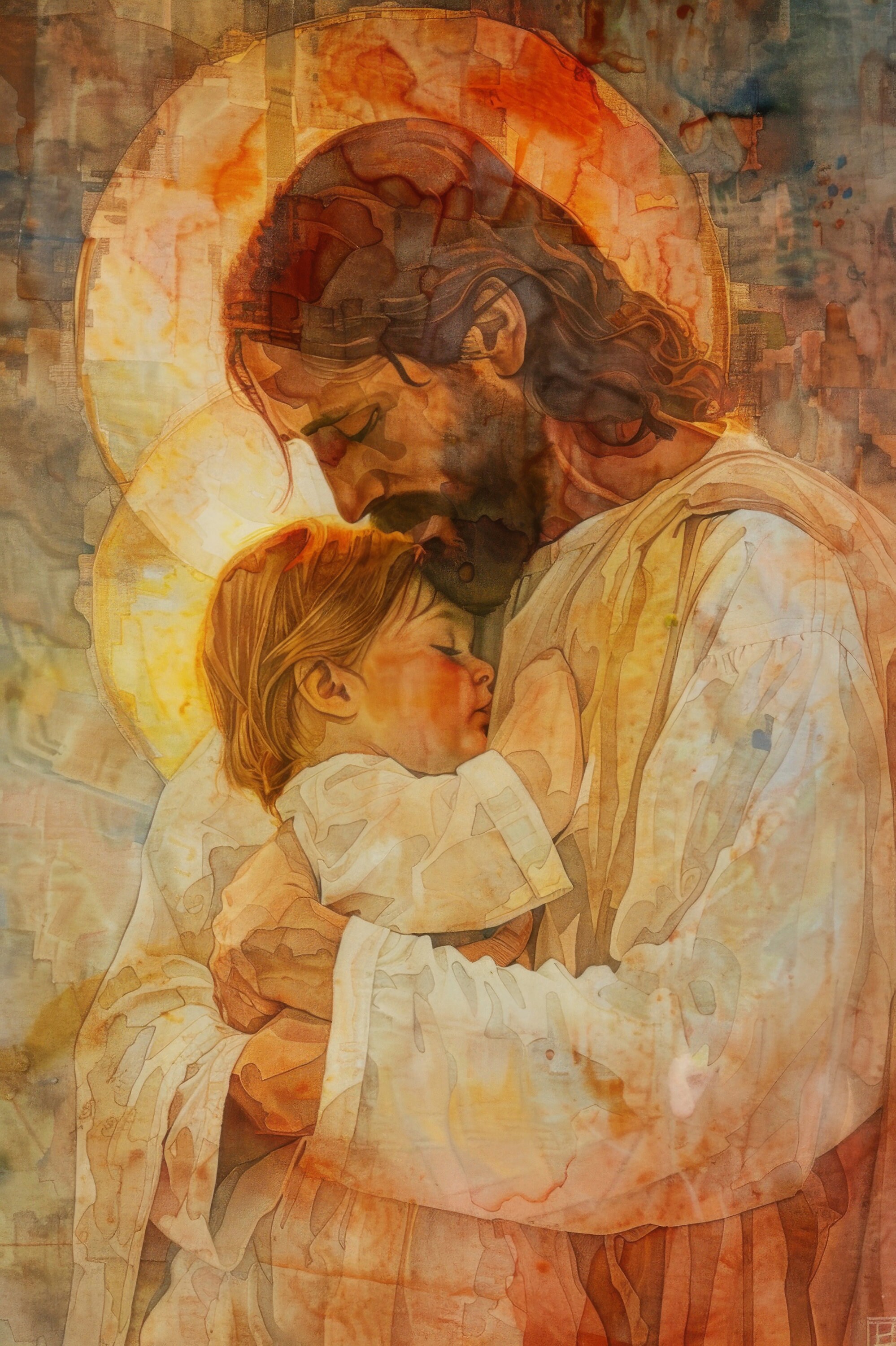 Jesus Embracing Child, Heartwarming Art, Gold and Pastel Illustration ...
