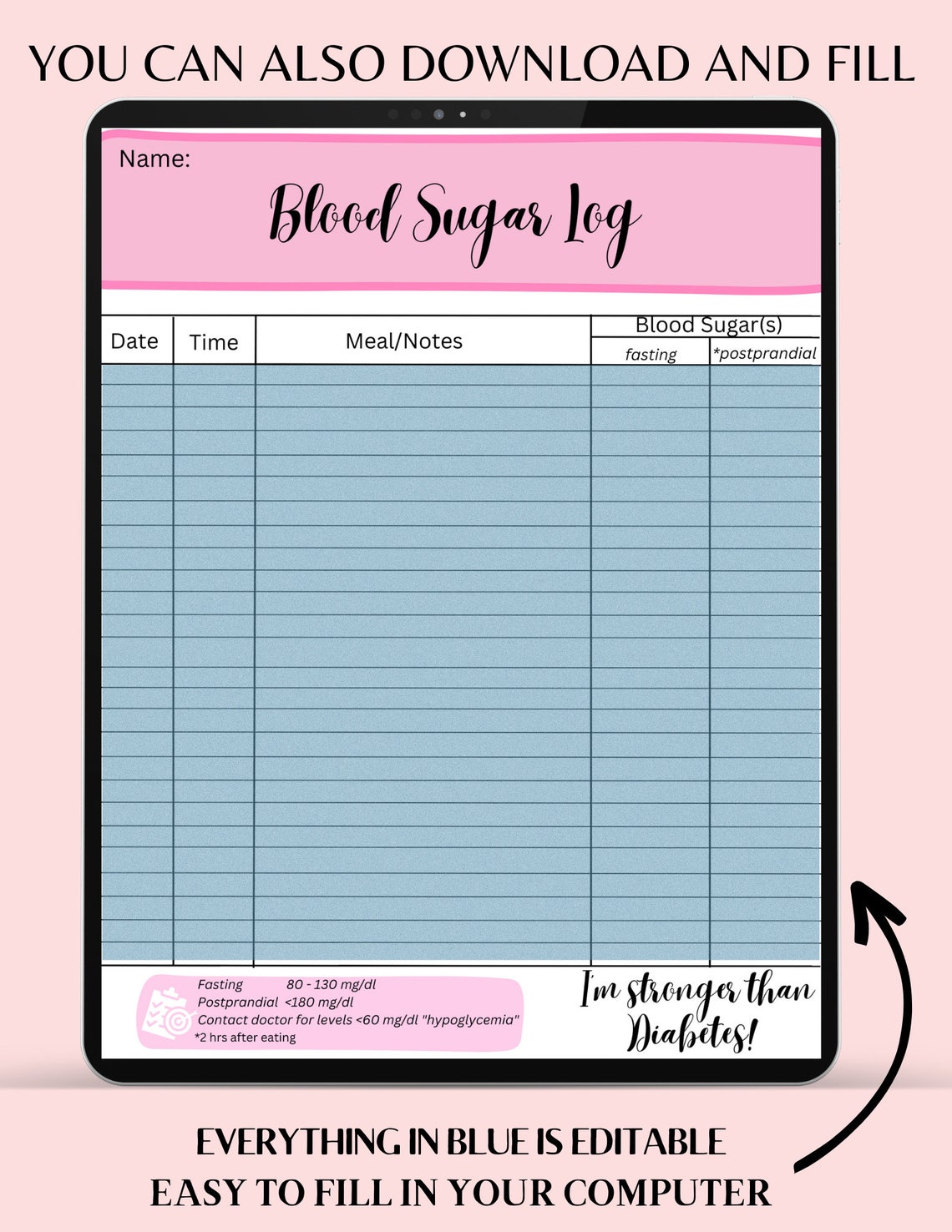 Printable Editable Blood Sugar Log, Blood Glucose Tracker, Blood Sugar ...