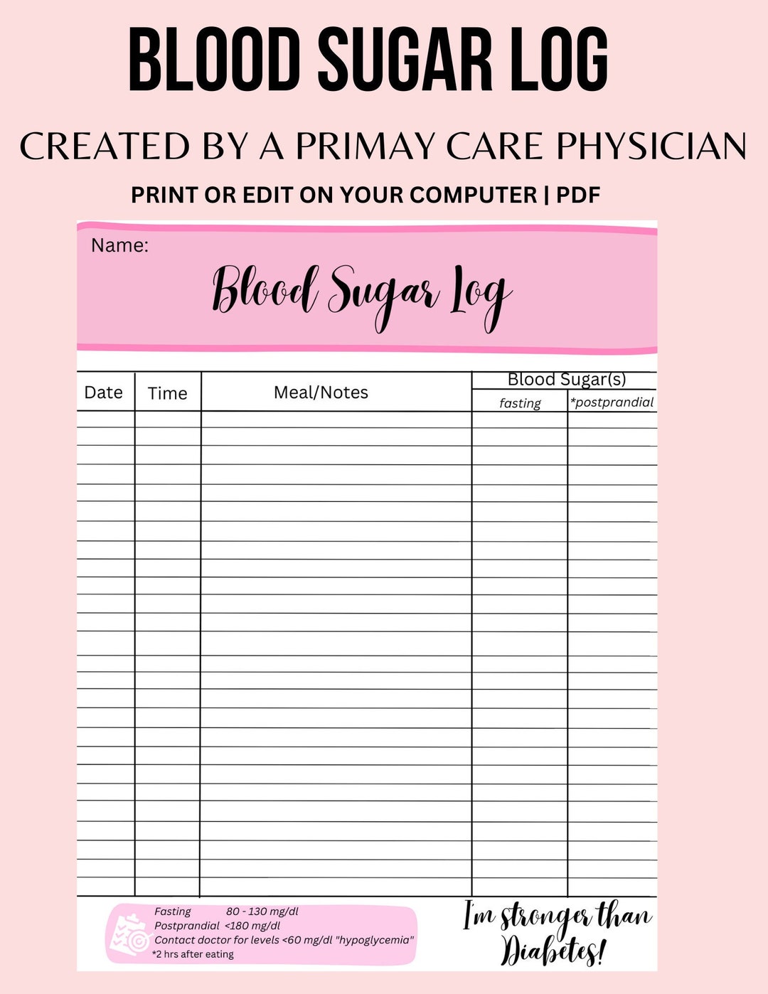 Printable Editable Blood Sugar Log, Blood Glucose Tracker, Blood Sugar ...
